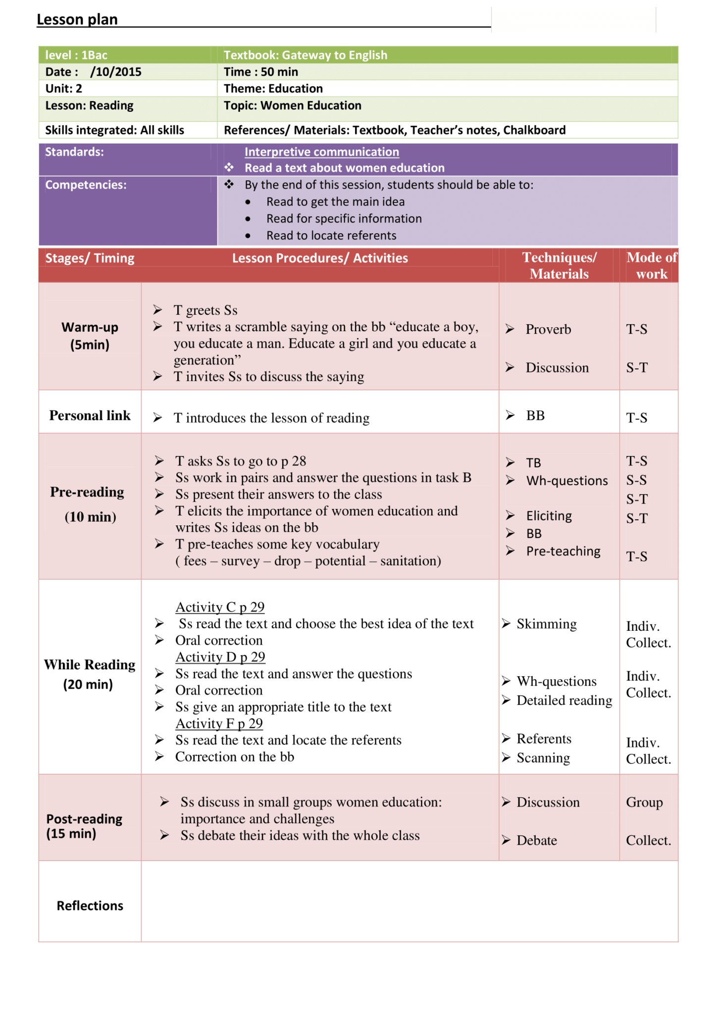 1st Bac - Lesson plan-Reading comprehension - Teachingutopians