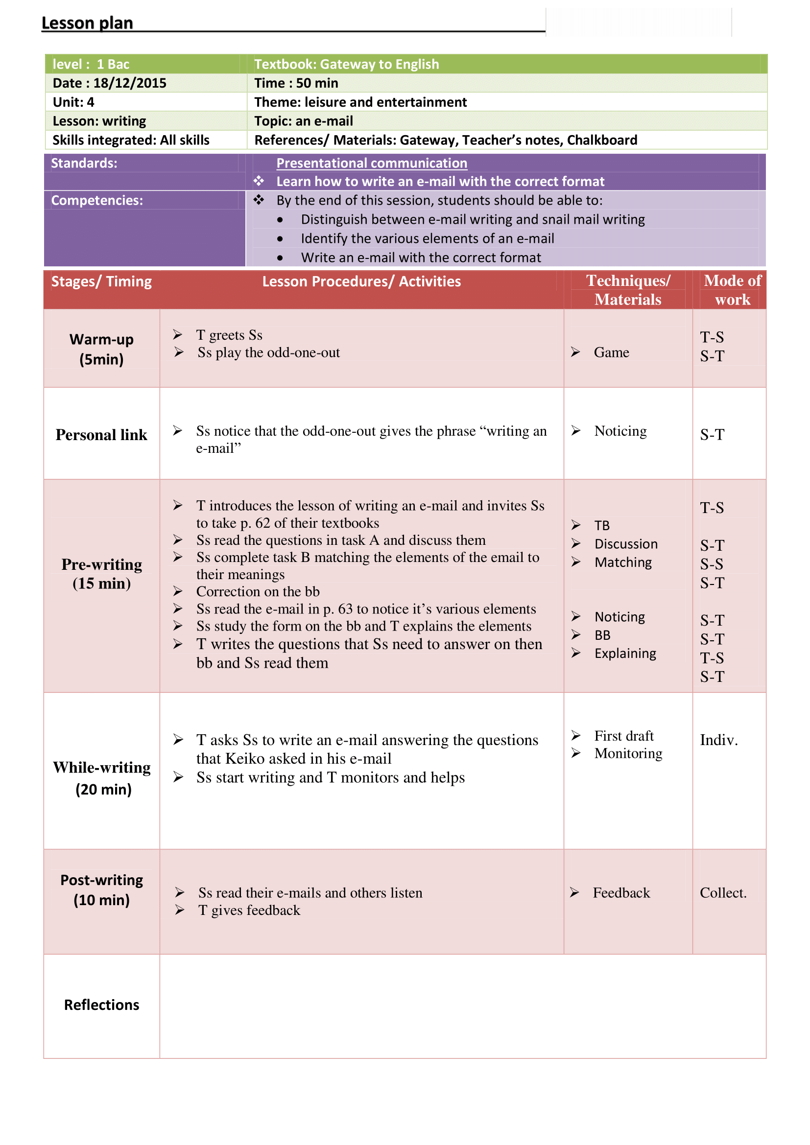 1st Bac- Lesson plan-Writing-Writing an email - Teachingutopians
