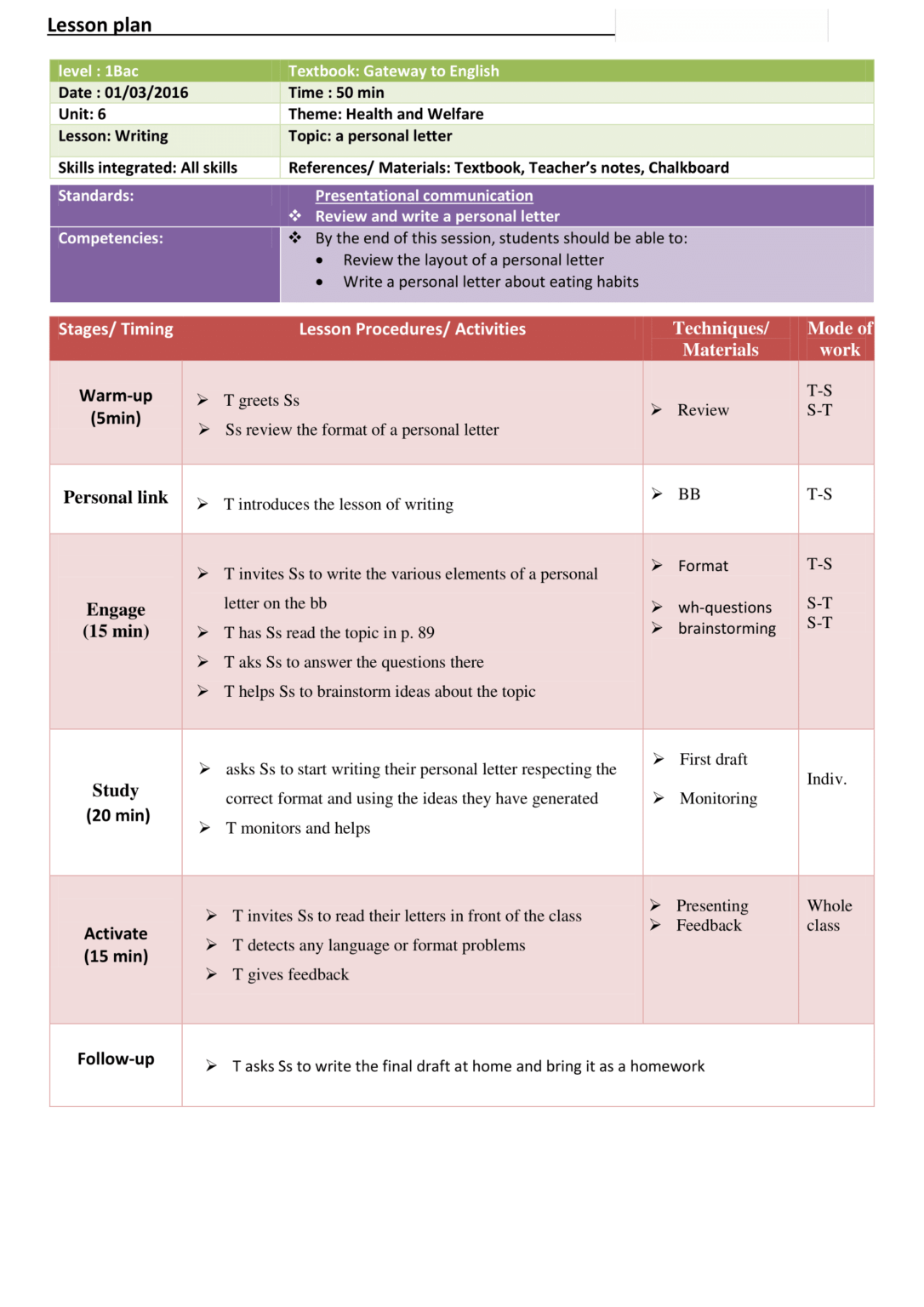 Lesson plan-Writing-Writing a Personal letter - Teachingutopians