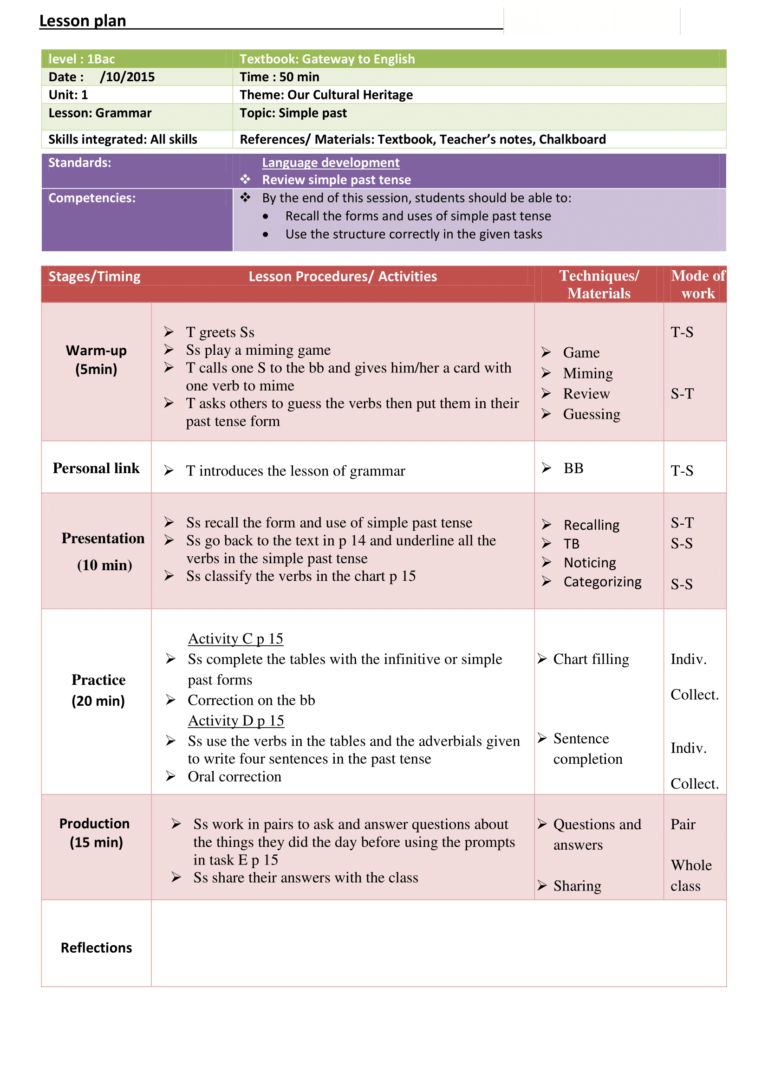 1st Bac - Lesson plan-Grammar-Simple past - Teachingutopians