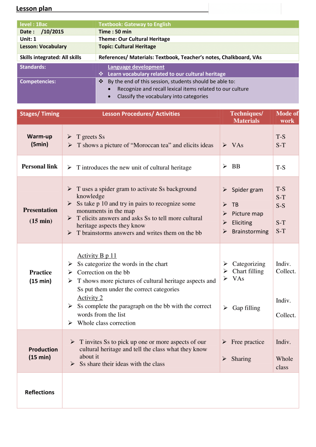 1st Bac - Lesson plan-Vocabulary-Cultural heritage - Teachingutopians
