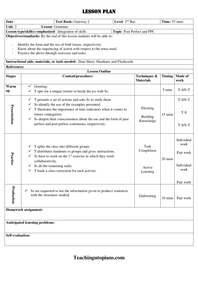 Lesson plan-Grammar-Past Perfect and Past Perfect Continuous ...