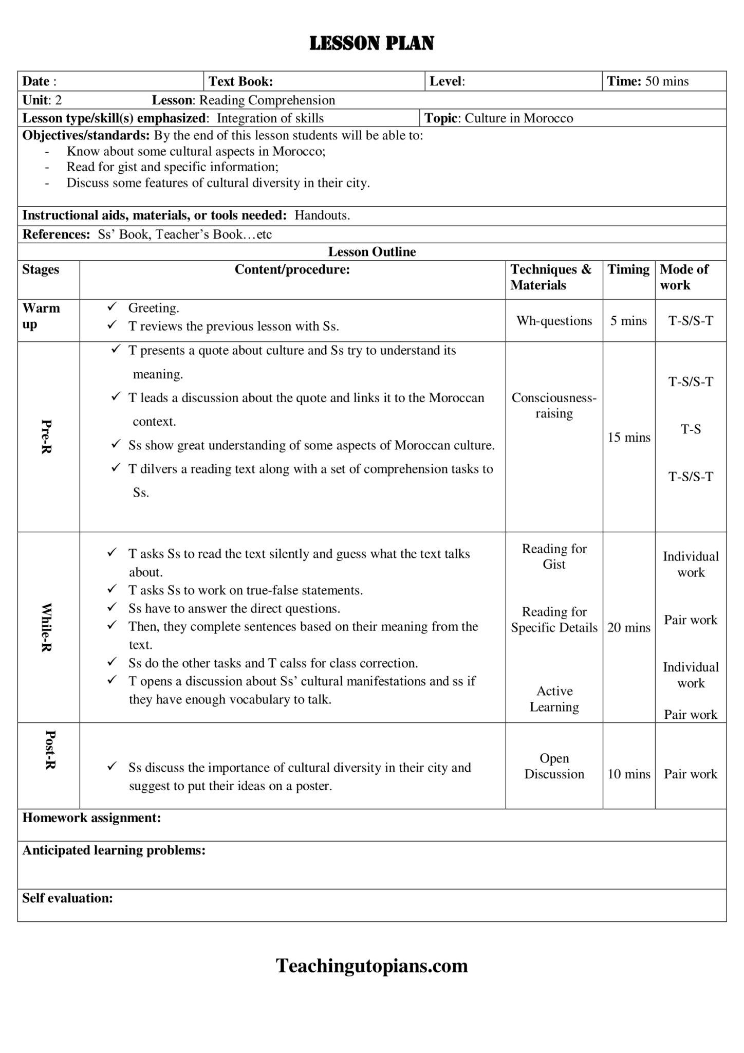 Lesson plan-Reading about Culture - Teachingutopians Lesson plan-Reading about Culture - Teachingutopians