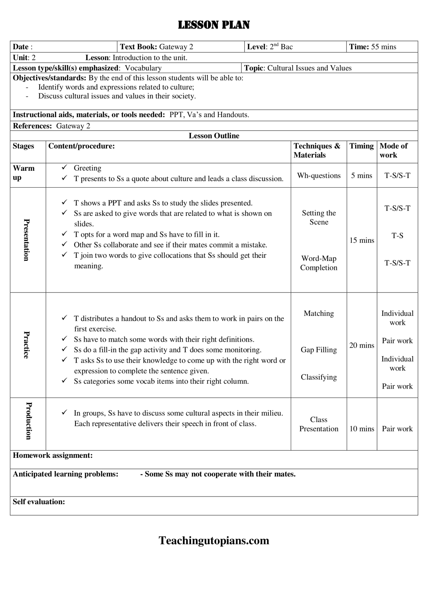 Lesson plan-Vocabulary-Cultural Issues and Values - Teachingutopians